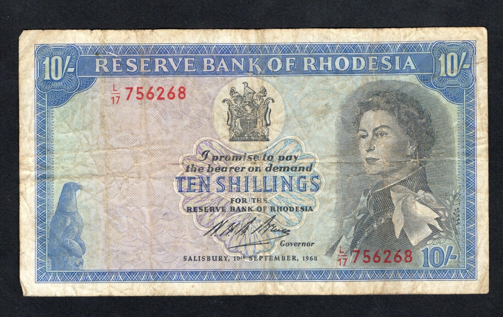RESERVE BANK OF RHODESIA 10 SHILLING Well Used/ref d11