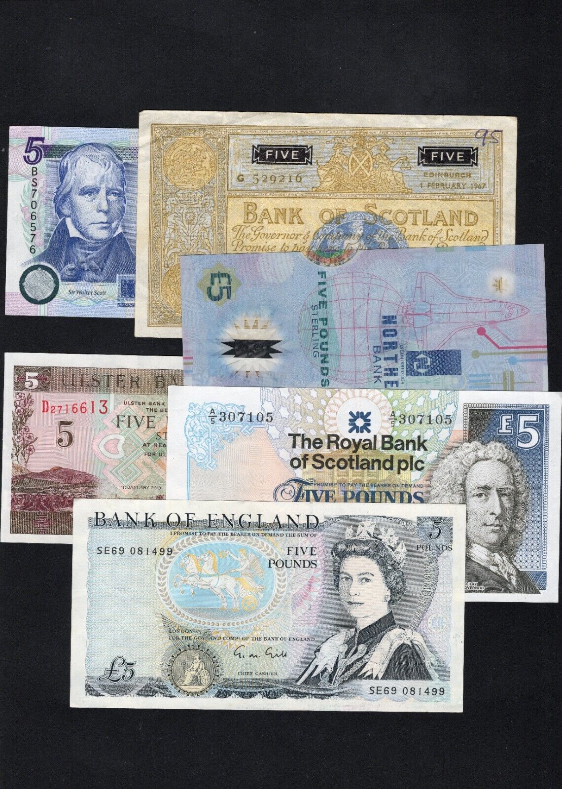 6 Mixed British banknotes £5 Banknotes Very Fine/REF D6