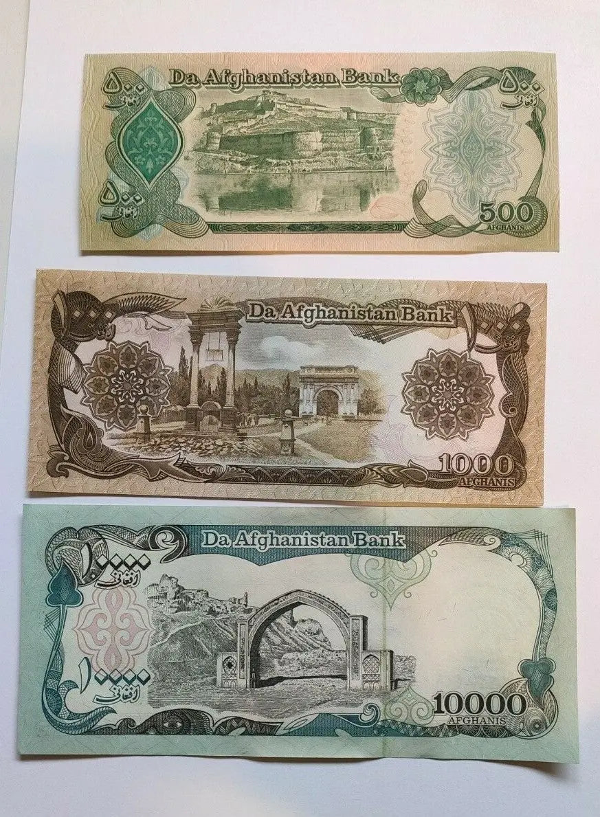 AFGHANISTAN 500, 1000, 10000 Afghanis - A Set of 3 Crisp UNC